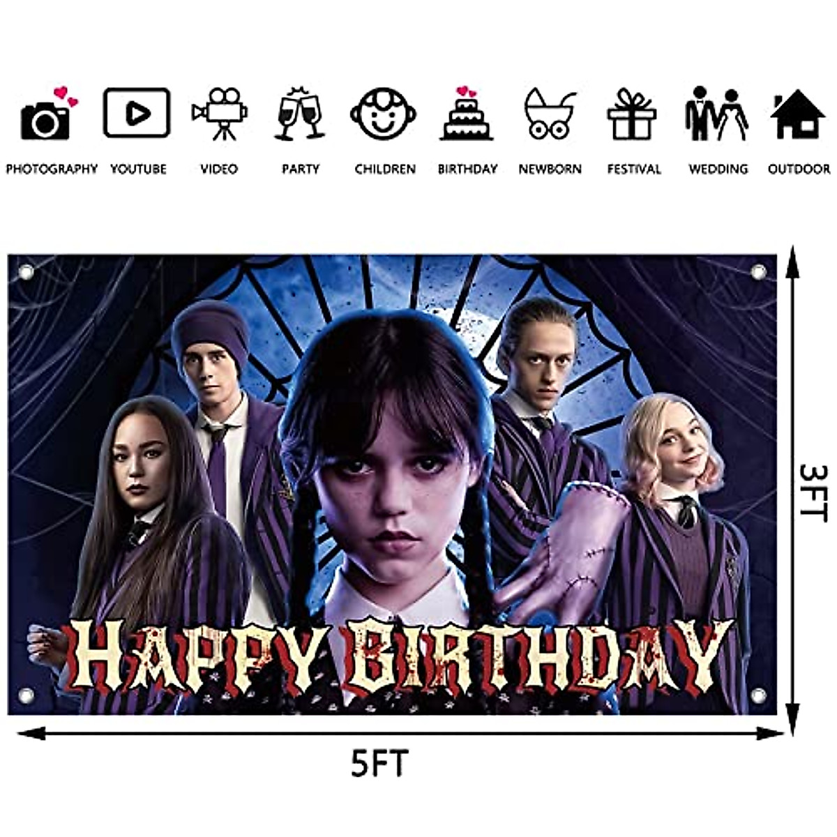 Wednesday New Addams Party Supplies, Happy Birthday Backdrop for Wednesday Party Decorations, 5 x 3FT Birthday Banner for Girls Boys Kids Birthday Party Decor