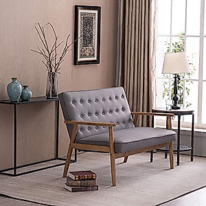 Bonnlo Mid-Century Sofa Couch for 2,Wooden Loveseat Sofa Modern Upholstered Loveseat Sofa Living Room 2-Seater Lounge Accent Chair, Fabric Grey