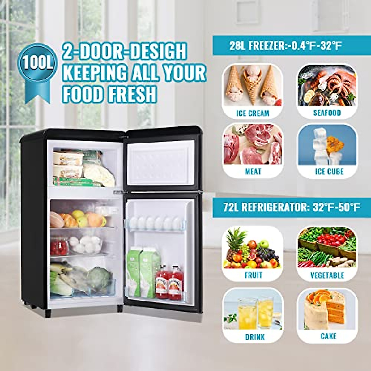 WANAI Small Refrigerator with Freezer 3.5 Cu.Ft Mini Fridge for Bedroom Dual Door Adjustable Shelves Dorm Refrigerator Suitable for Home Garage Office College Black