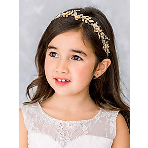 SWEETV Flower Girl Hair Accessories for Wedding Headpieces Flower-Leaf Girls Headband Princess Crystal Pearl Hair Pieces for Birthday Party, First Communion