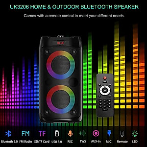 10W Bluetooth Speaker, Portable Wireless Speakers with Double Subwoofer Heavy Bass, Bluetooth 5.0, Colorful Lights, 4000 mAh, FM Radio, Remote, EQ, Loud Stereo Speaker for Home Outdoor Party (Black)