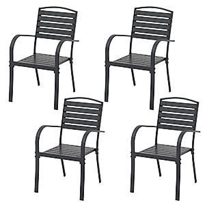 SUNSITT Patio Dining Chairs Set of 4, Aluminum Outdoor Dining Chairs with Faux Wood Slats, All-Weather Stackable Patio Chairs w/Armrests for Lawn, Porch, Garden and Deck, Black