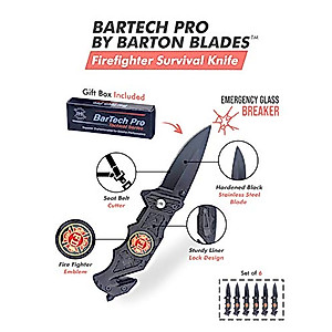 Barton Outdoor 6.25 Inch Fire Fighter Folding Survival Knife with Inlay Fire Fighter Emblem, 6 Pack