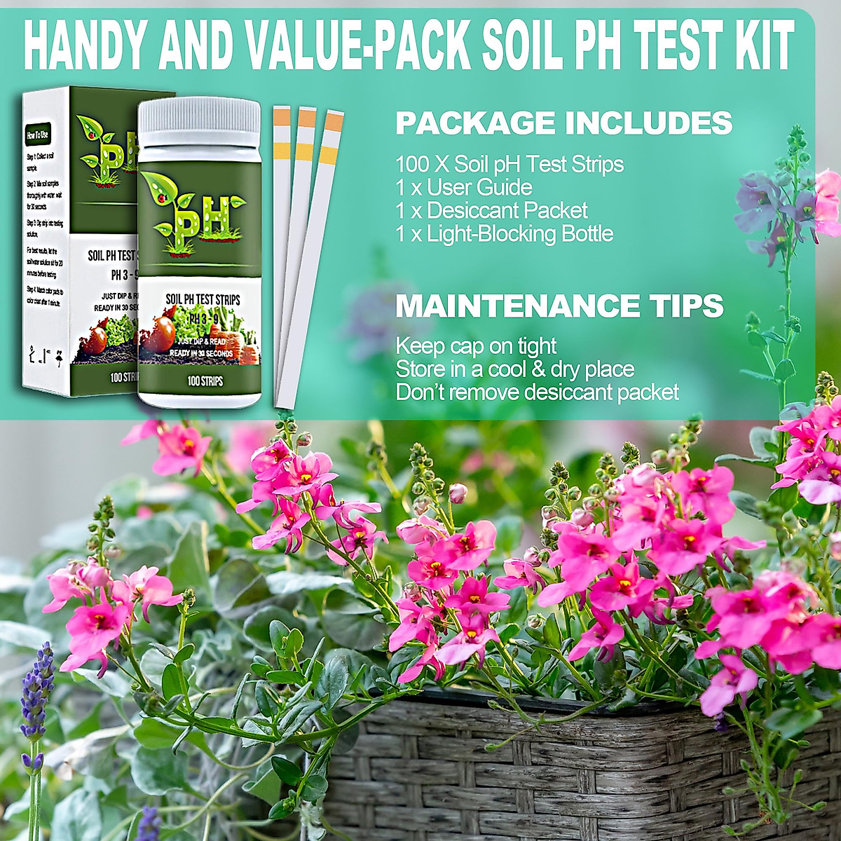 100CT Soil pH Test Kit (3.5-9.0) - Soil pH Test Strips to Test Soil Acidity & Alkalinity of Garden Lawn Grass Vegetable, pH Soil Tester for Garden Soil, Easy to Use for Quick & Accurate Results