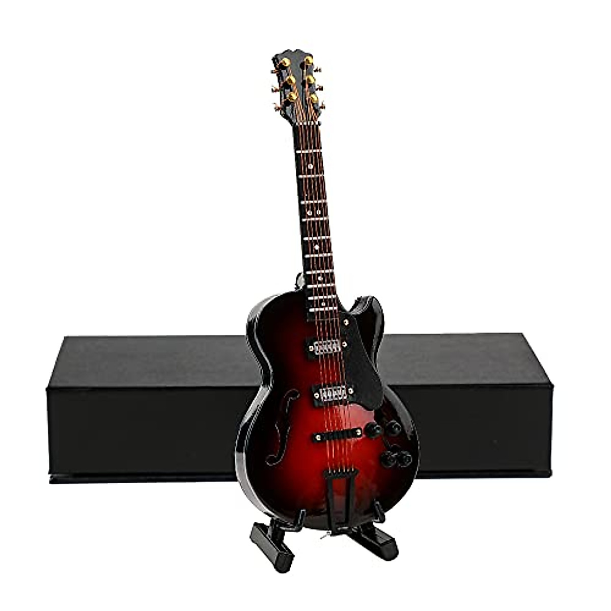 Dselvgvu Wooden Miniature Electric Guitar with Stand and Case Mini Musical Instrument Miniature Replica Dollhouse Model Birthday Home Decor (5.57"x2.09"x0.82")