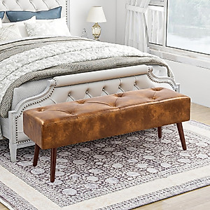 Furniliving 44 Inch Tufted Leather Bench, Leather Footrest Stool Bedroom Bench Seat, Upholstered Tufted Beathable Fabrics Ottoman Bench with X-Shaped Wood Legs for Kitchen, Solid Wood Indoor Bench