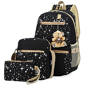 Star Print Girls Canvas Backpacks Set for School, School Bags Bookbags for Teenage Girls, with Crossbody Bag, 3 Pieces