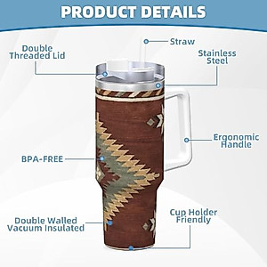 Xiexide 40oz Rustproof Indoor Ethnic Southwestern Totem Aztec Indian Tribal Double Walled Vacuum Insulatedith Handle And Straw,Hot & Cold Drinks
