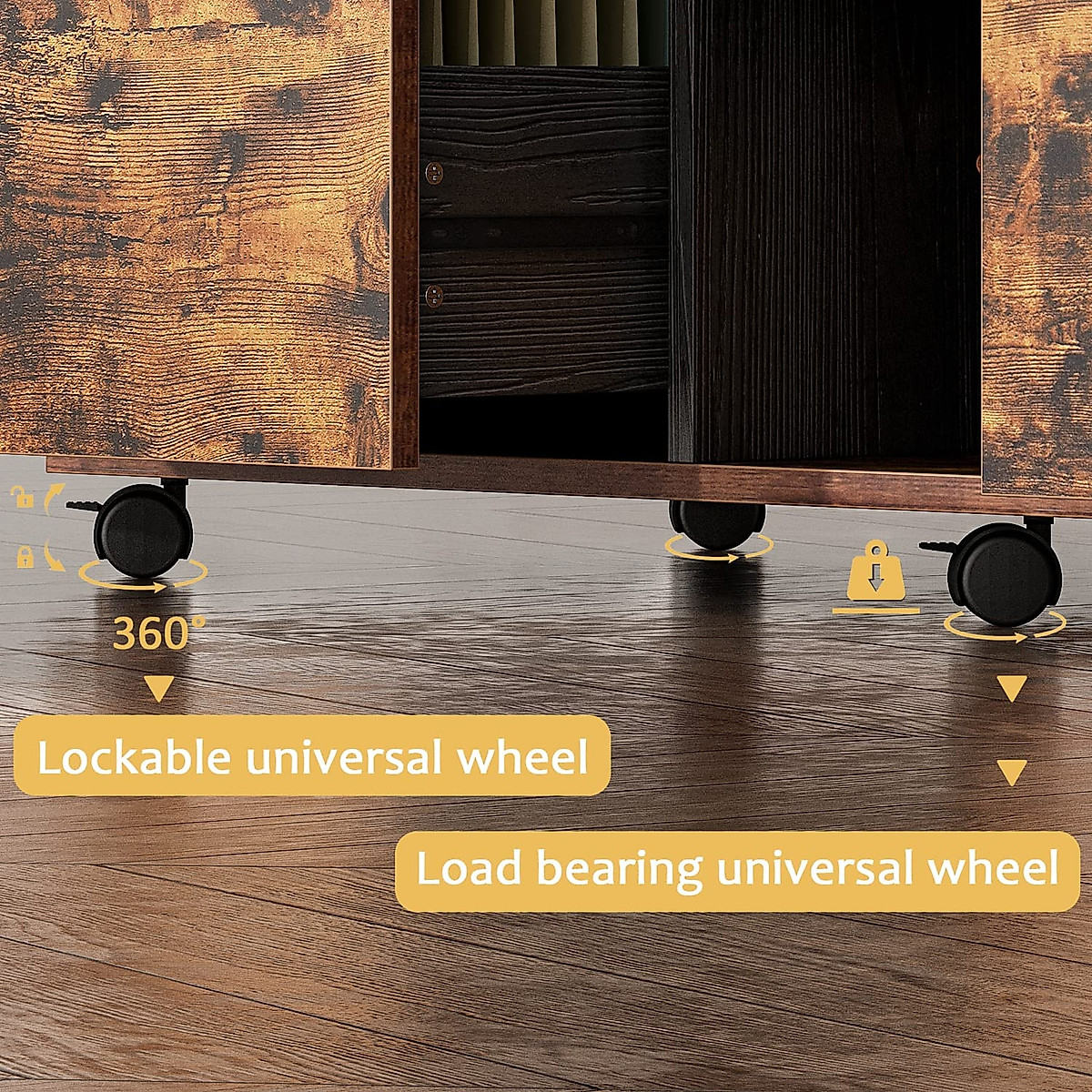 Oqefuoe Wood File Cabinet with Lock, 3 Drawer Office Storage Cabinet Printer Stand Mobile Lateral Filing Cabinet with 4 Open Shelves for Home Office, Rustic Brown