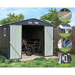 VanAcc 10x12x7.5 FT Outdoor Storage Shed, Galvanized Steel Metal Garden Sheds with 2 Light Transmitting Window and Double Lockable Door, Oversized Tool Sheds for Backyard Patio Dark Grey/White