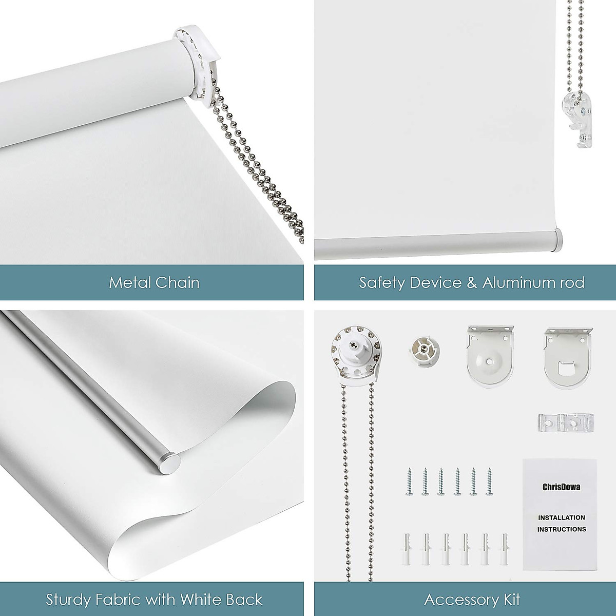 ChrisDowa 100% Blackout Roller Shade, Window Blind with Thermal Insulated, UV Protection Fabric. Total Blackout Roller Blind for Office and Home. Easy to Install. White,20" W x 72" H