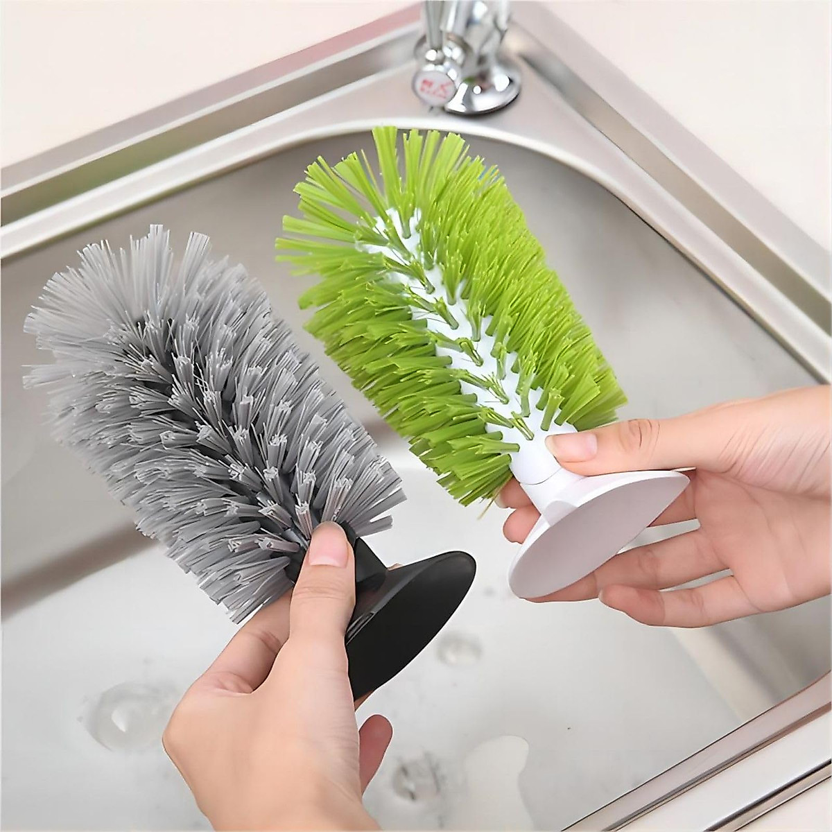Glass Bottle Bristle Brush with Suction Cup Turtle Scrub Brush Upright Stays in Sink Bristle Scrub Cleaning Brushes for Glassware, Wine Glass, Bottles, etc. (Green)