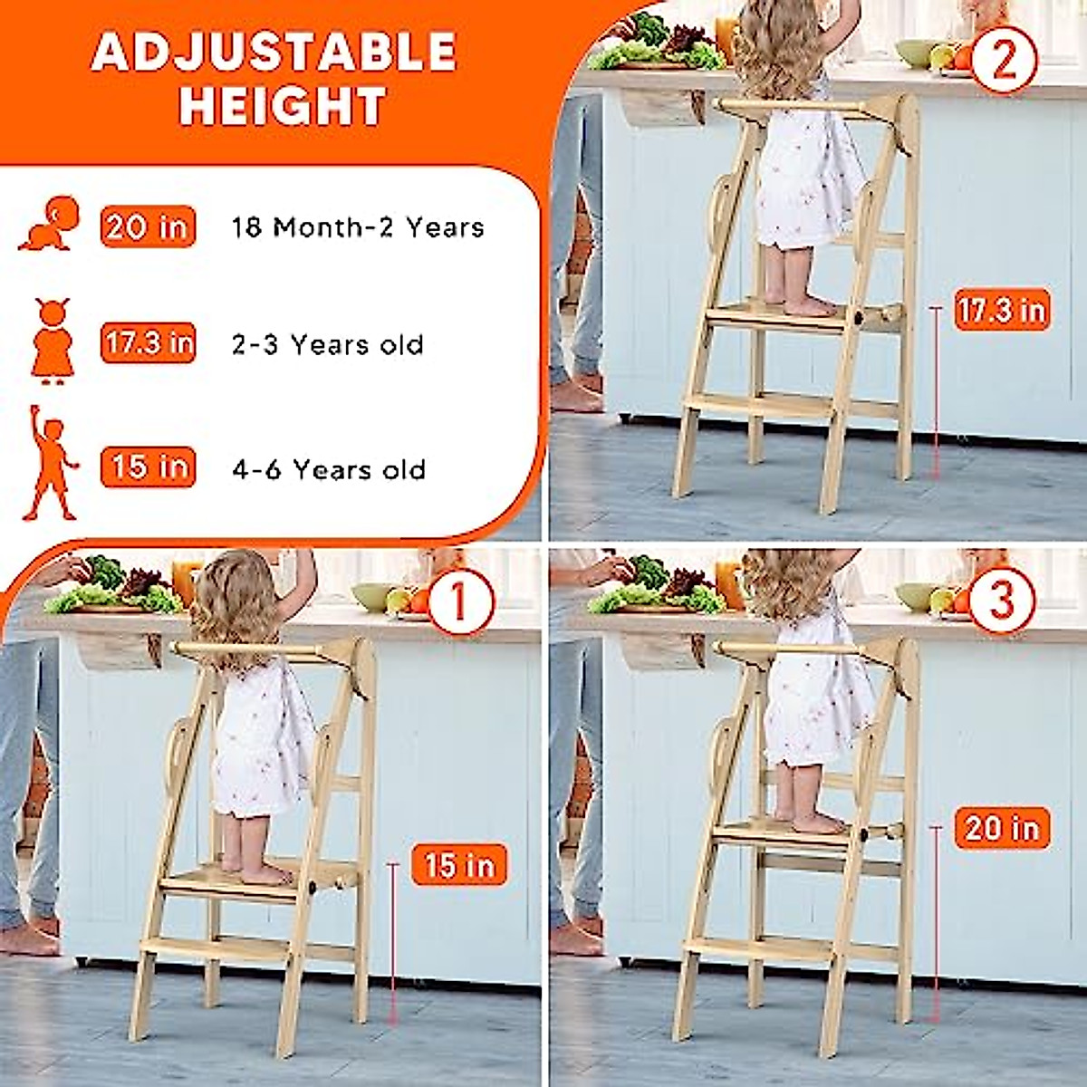 Toddler Step Stool, Folding Wooden Step Stool, Montessori Learning Tower, Kids Step Stool Toddler Tower, Kitchen Helper Stool for Toddlers, Toddler Tower Step Stool Kitchen Helper Standing Tower