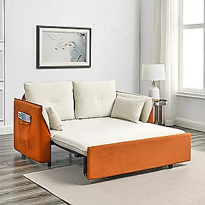 ERYE 3-in-1 Upholstered Futon Loveseat Convertible Sleeper Bed,2-Seaters Sofa & Couch Soft Cushions Love Seat Daybed for Small Space Living Room Napping,White Orange 3 Fold w/Pockets