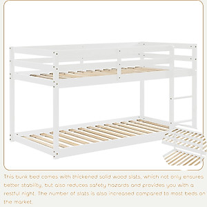 Harper & Bright Designs Low Bunk Beds Twin Over Twin Wood Twin Bunk Bed Frame with Safety Rail Ladder for Kids Bedroom Twin Floor Bunk Bed for Boys Girls Teens, White