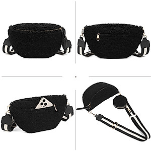 ER.Roulour Small Crossbody Sling Bag for Women Winter Plush Waist Bag Fleece Belt Bag Fanny Pack Purse with Adjustable Wide Strap (BLACK)