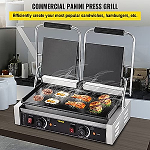 Happybuy Commercial Sandwich Panini Press Grill, 2X1800W Double Flat Plates Electric Stainless Steel Sandwich Maker, Temperature Control 122°F-572°F for Hamburgers Steaks Bacons