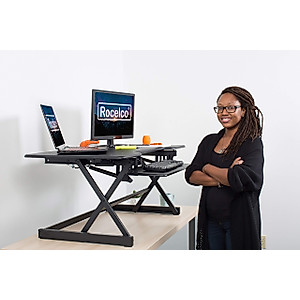Rocelco 46" Large Height Adjustable Standing Desk Converter, Quick Sit Standup Triple Monitor Riser, Gas Spring Assist Computer Workstation, Retractable Keyboard Tray, (R DADRB-46), Black