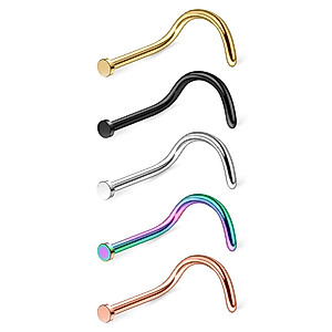 Ruifan 5PCS 18G Mix Color 316L Surgical Steel Nose Screw Studs Rings Curved Piercing Jewelry with 1.5mm Flat