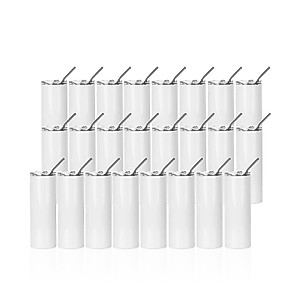 PYD Life 24 Pack Sublimation Tumbler Blanks Skinny 20 OZ White Straight Bulk Stainless Steel Tumbler with Metal Straw and Lid for Tumbler Heat Press Machine Sublimation Print