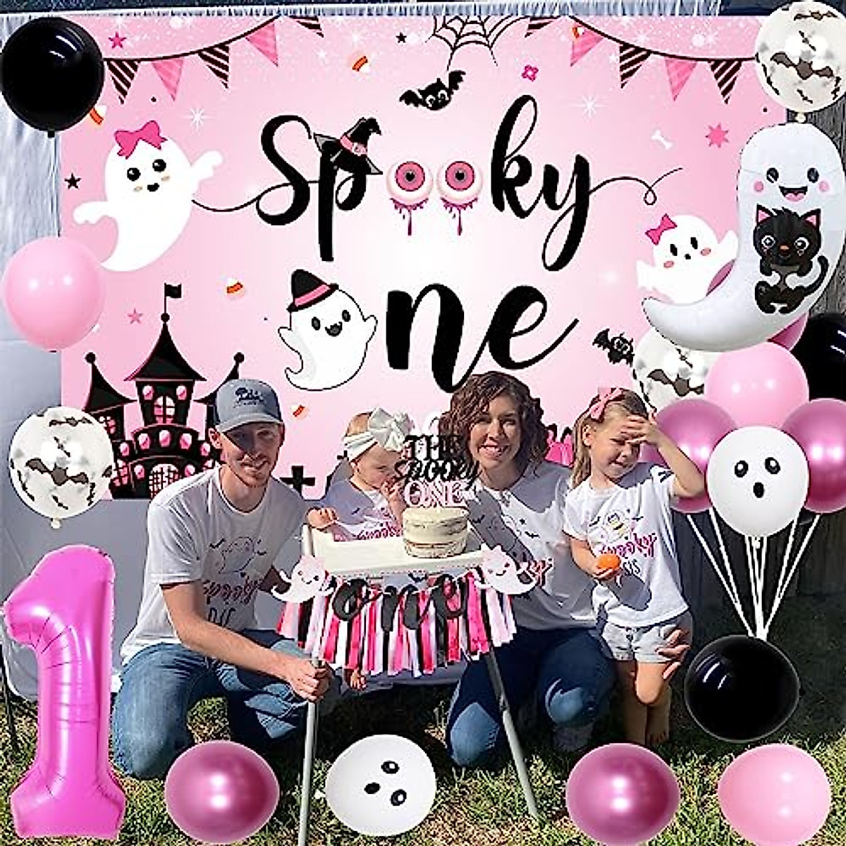 Halloween 1st Birthday Party Decorations for Girl Spooky One Backdrop Pink Black Hot Pink Balloons High Chair Banner Cake Topper for First Birthday Party Supplies