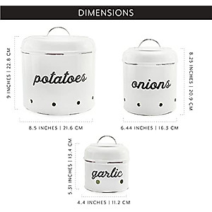 AuldHome Potatoes, Onions and Garlic Canister Set; Rustic White Enamelware Vegetable Storage Containers