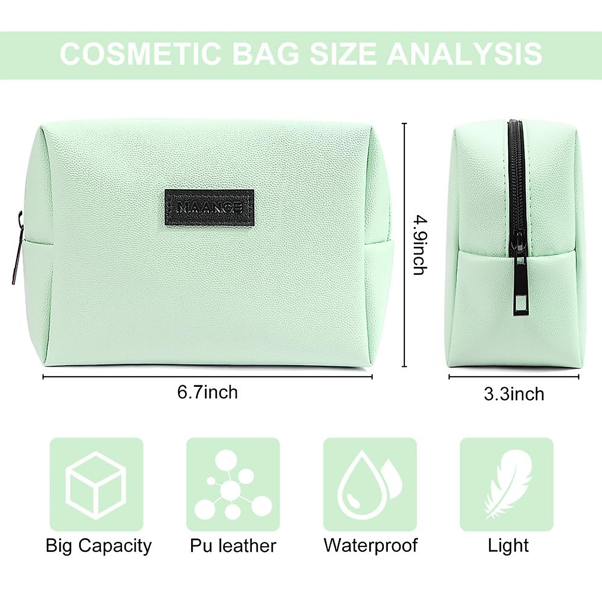 MAANGE Small Makeup Bag For Purse, Travel Cosmetic Bag Makeup Pouch PU Leather Portable Versatile Zipper Pouch For Women (Green)