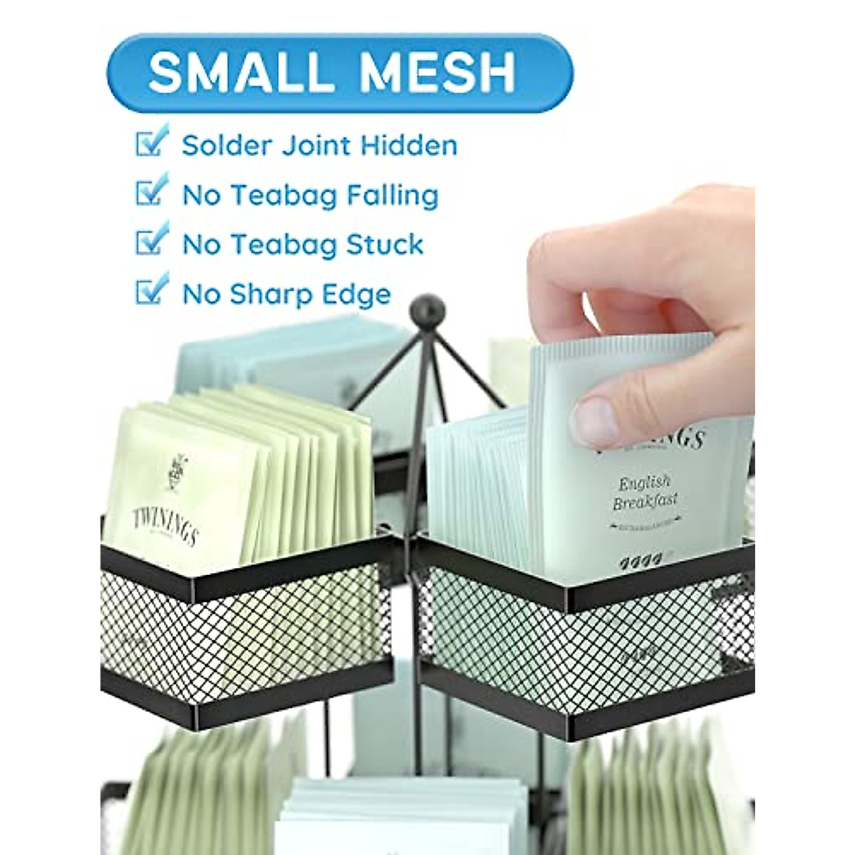 Tea Bag Organizer, Tea Bag Storage Holder Spinning Carousel 96 Teabags Container, Lazy Susan Coffee Creamer Sweetener Tea Caddy for Kitchen Counter Cabinet Pantry Shelf Organizer