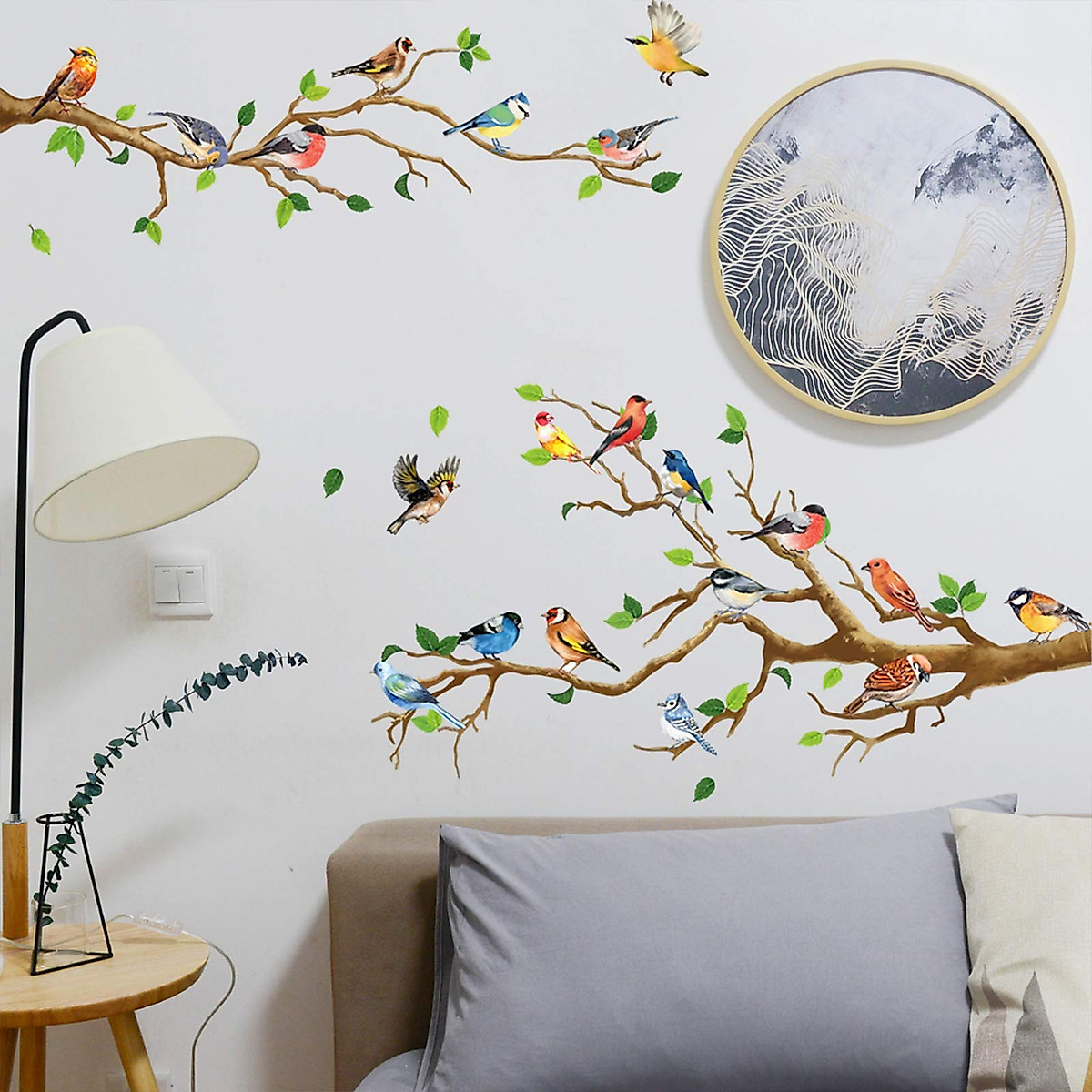 DILIBRA Hummingbird on The Tree Branch Wall Sticker, Green Leaf and Flying Bird DIY Art Vinyl Wall Decal, Self-Adhesive Wall Decoration for Garden Living Room Bedroom Kitchen Playroom Nursery Room