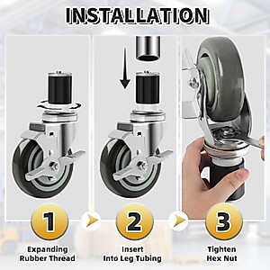 Besitu 4 inches Prep Table Wheels Set of 4, 1-1/2" and 1-5/8" Expanding Stem Caster with Side Brake for Stainless Steel Table, Cart, Furniture Legs, Commercial Kitchen Appliances, Workbench