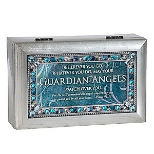 Cottage Garden Guardian Angels Watch Over You Brushed Silvertone Jewelry Music Box Plays Amazing Grace