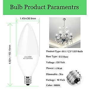 E12 Candelabra LED Light Bulbs - Equivalent 40W Candle Bulbs, 5W LED Chandelier Light Bulbs, B11 & C37 E12 LED Bulb Daylight (5000K), 450 Lumens, Pack of 12