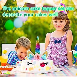 Unicorn Cake Topper Handmade Rainbow Horn Unicorn Cake Topper Unicorn Happy Birthday Party Decoration Supplies Magic Reusable Cake Topper with Eyelashes and Stack for Girls Kid Women, 5.8 Inch