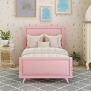 RIDFY Wood Twin Bed Frame with Headboard/Footboard, Modern Platform Camas Frame, Wood Slat Support Mattress Foundation/Noise Free/No Box Spring Needed/Easy Assemble (Pink)