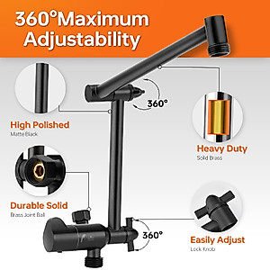 Matework 16 Inch Adjustable Shower Extension Arm with Diverter, G1/2 Universal Thread Rain Shower Head Extension Arm, Shower Extender with Lock Joints, Matte Black Flexible Height & Angle