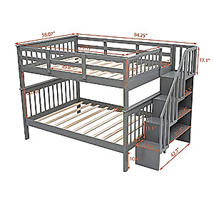 Merax Full-Over-Full Soild Wood Stairway Bunk Bed with Storage and Guard Rail for Bedroom, Dorm, Bunk Bed for Kids, Adults, Gray