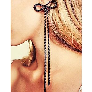 Jumwrit Rhinestone Bow Earrings Extra Long Dangle Earrings Sparkly Tassel Drop Earrings Big Bowknot Stud Earrings for Women Teen Girls (Black)
