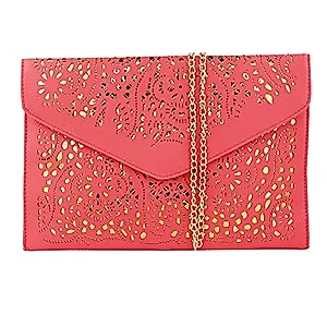 imentha Women Perforated Cut Out Pattern Gold Accent Background Chain Pouch Fashion Clutch Handbag Wedding Party Purses Envelope Evening Day Clutch Bag For Women Ladies (Watermelon Red)