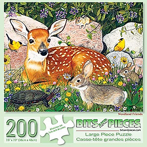 Bits and Pieces - 200 Piece Large Piece Family Jigsaw Puzzle for Adults & Kids - 15" x 19" - Woodland Friends - 200 pc Forest Deer Bunny Turtle Bird Large Piece Jigsaw Puzzle by Julie Bauknecht