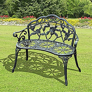 Outsunny Garden Bench Loveseat with Floral Rose Style, Cast Aluminum Frame for Outdoor, Patio, Park, Deck, Antique Green