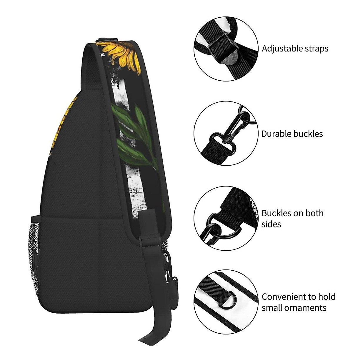 Sunflower And American Flag Crossbody Sling Backpack Shoulder Chest Urben Sling Bag Travel Hiking Chest Bag Daypack For Women & Men