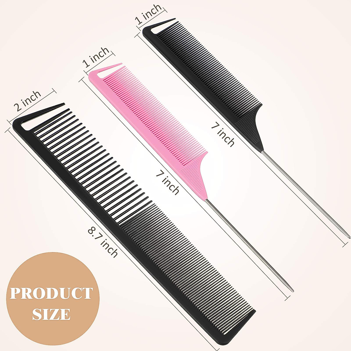 3 Pieces Carbon Fiber and Stainless Steel Hair Combs Set - Pintail, Teasing, and Parting Combs with Wide and Fine Teeth for Braids, Hair Salon, and Home Use, Black