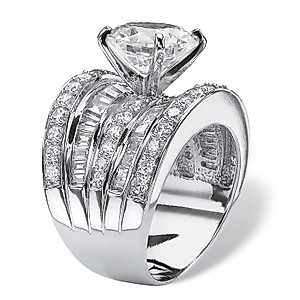 PalmBeach Jewelry Yellow Gold-Plated or Platinum-Plated Sterling Silver Round Cubic Zirconia Multi Row Scoop Engagement Ring Size 7