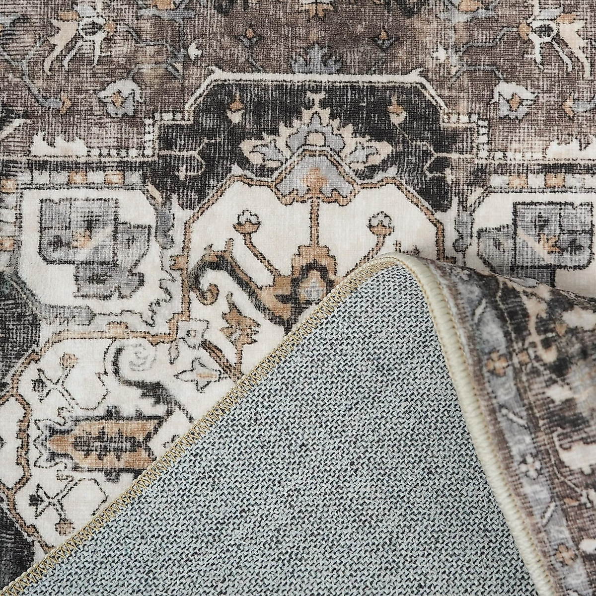 Washable Living Room Runner Rug - 8x10 Large Bedroom Rug Distressed Oriental Non-Slip Non-Shedding Print Floor Carpet for Dining Room Kitchen (Beige, 8 x 10)