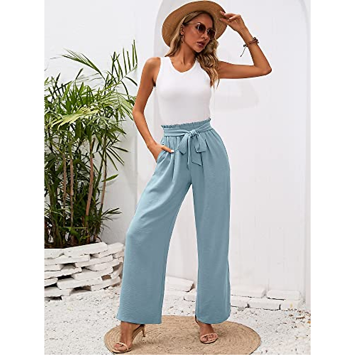 Heymoments Women's Wide Leg Lounge Pants with Pockets Blue Gray Medium Lightweight High Waisted Adjustable Tie Knot Loose Comfy Casual Trousers