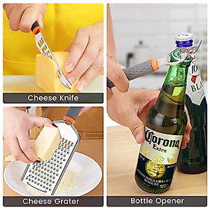 Kitchen Gadget Utensil Set, 9PCS Stainless Steel Cooking & Baking Accessory with Non-Slip Silicone Handle, Set Includes Knife, Peeler, Grater, Whisk, Garlic Press, Pizza Cutter and Bottle Can Opener