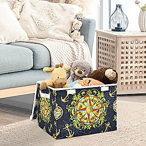 innewgogo Nautical Compass Anchor Storage Bins with Lids for Organizing Organizer Basket with Lid with Handles Oxford Cloth Storage Cube Box for Cat Toys