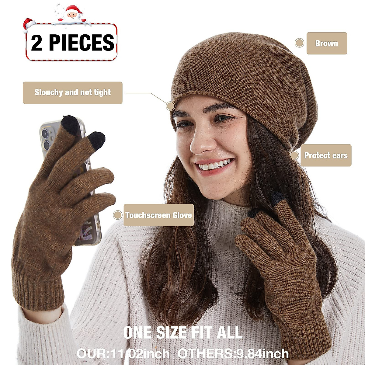 Warm Slouchy Beanie Hat Glove Set for Women 2 Pieces Cashmere Wool Blend Soft Knit Hats Touchscreen Gloves