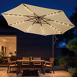wikiwiki 10ft Solar LED Offset Hanging Market Patio Umbrella for Backyard, Poolside, Lawn and Garden,Easy Tilt Adjustment, Polyester Shade & Cross Base(Beige)