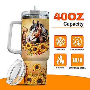 99WHALE Horse Horseshoe Sunflowers, Tumbler 40 Oz With Handle Lid And Straw, Horse Gifts, Yellow Women For Coffee Horses Handle Music Tumblers Cups Lovers Sunflower